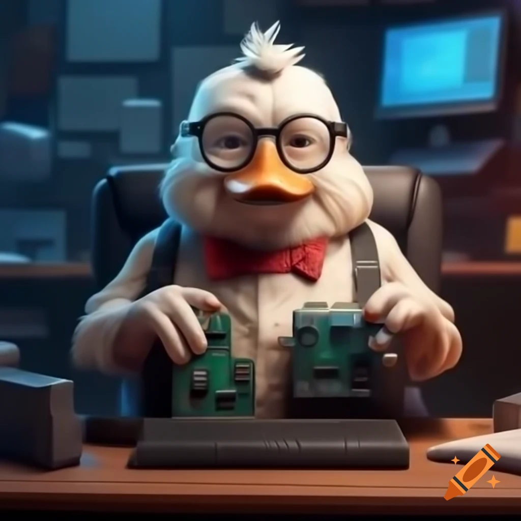 Cartoon elderly duck with glasses holding electronic component in front ...