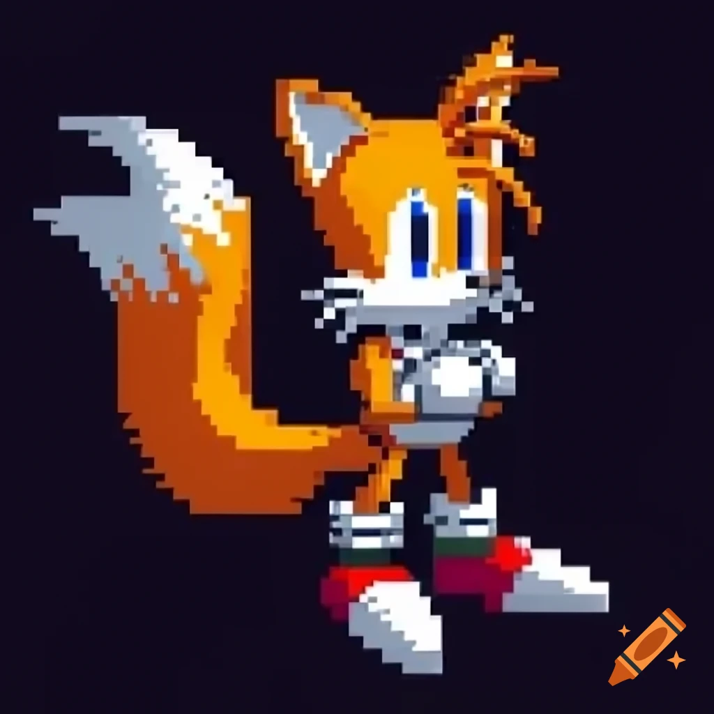 Pixel art of Tails the Fox facing away in darkness on Craiyon