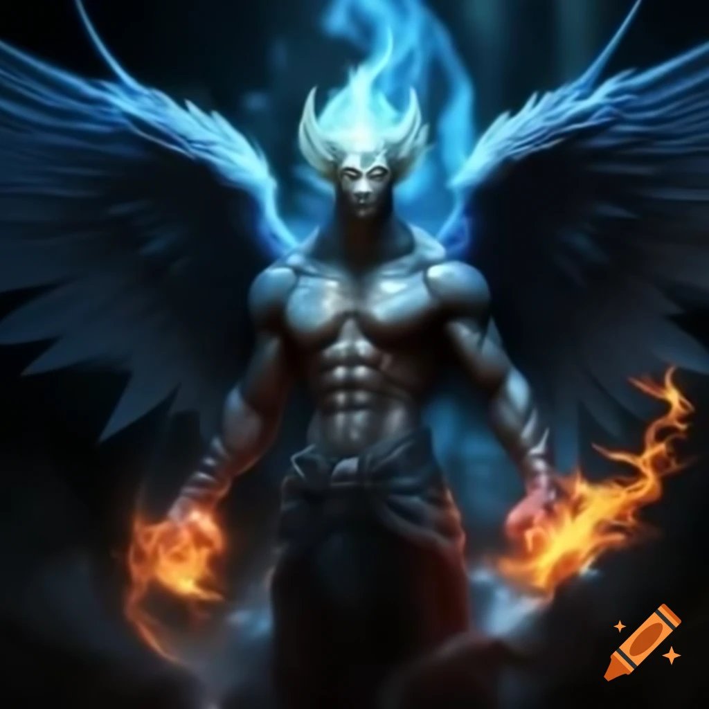 Illustration of an Akuma with bright blue wings and fiery eyes on Craiyon