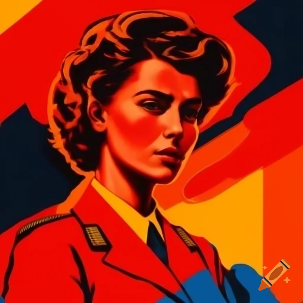 Soviet-style propaganda poster featuring a woman pilot in bold red and ...