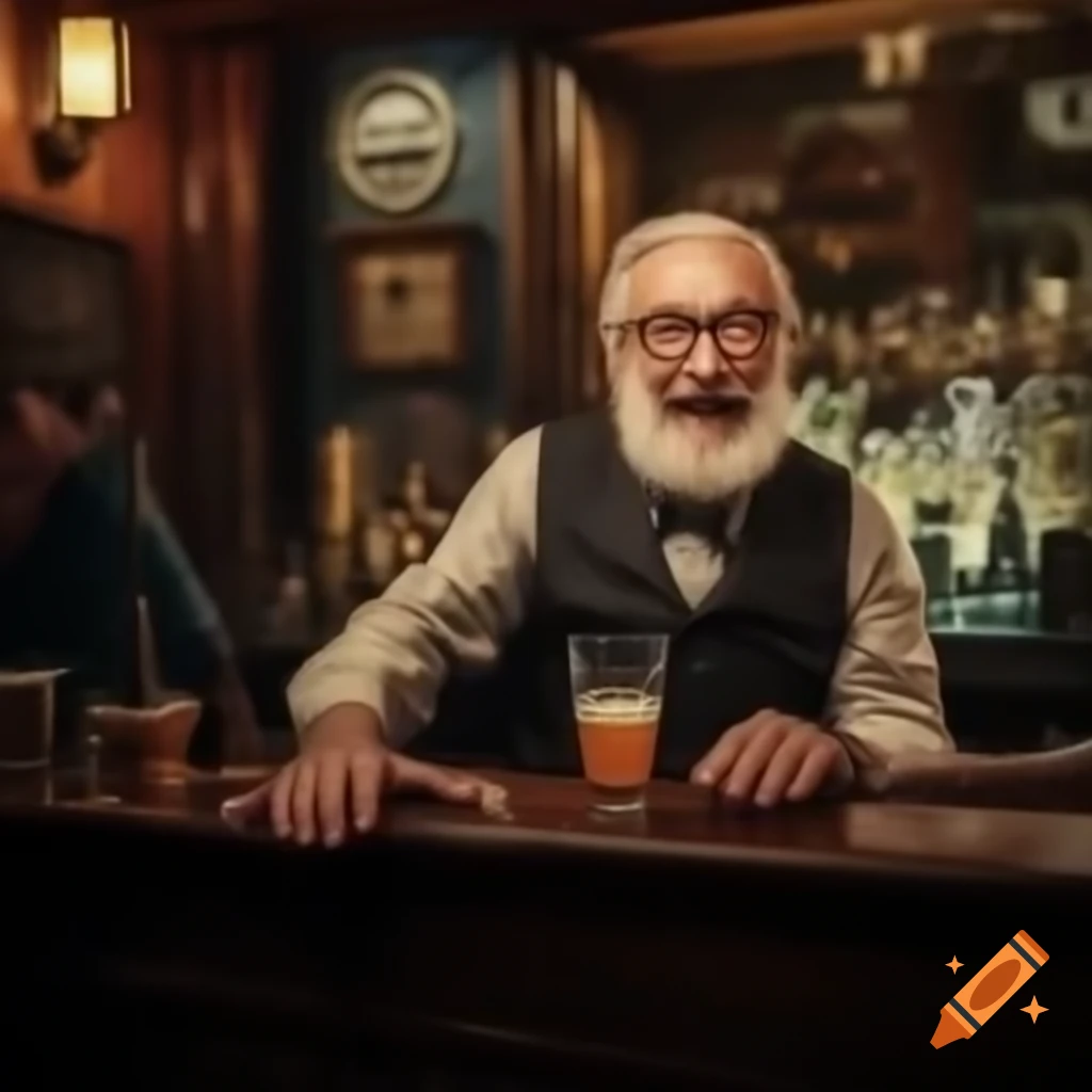 Old man sitting at bar in pub, enjoying Guinness and laughing with ...