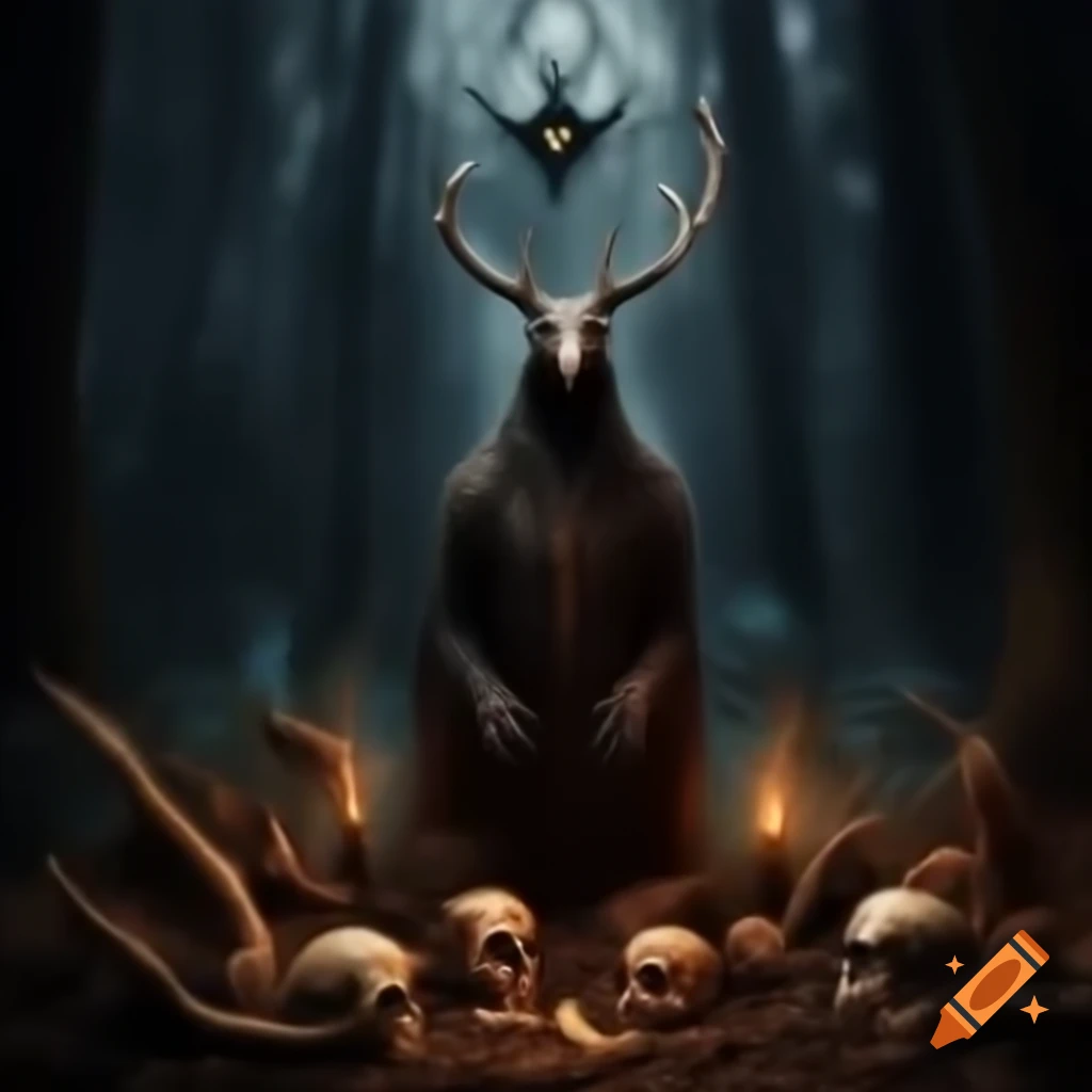 Three hags performing rites in shadowy clearing with skulls and ...