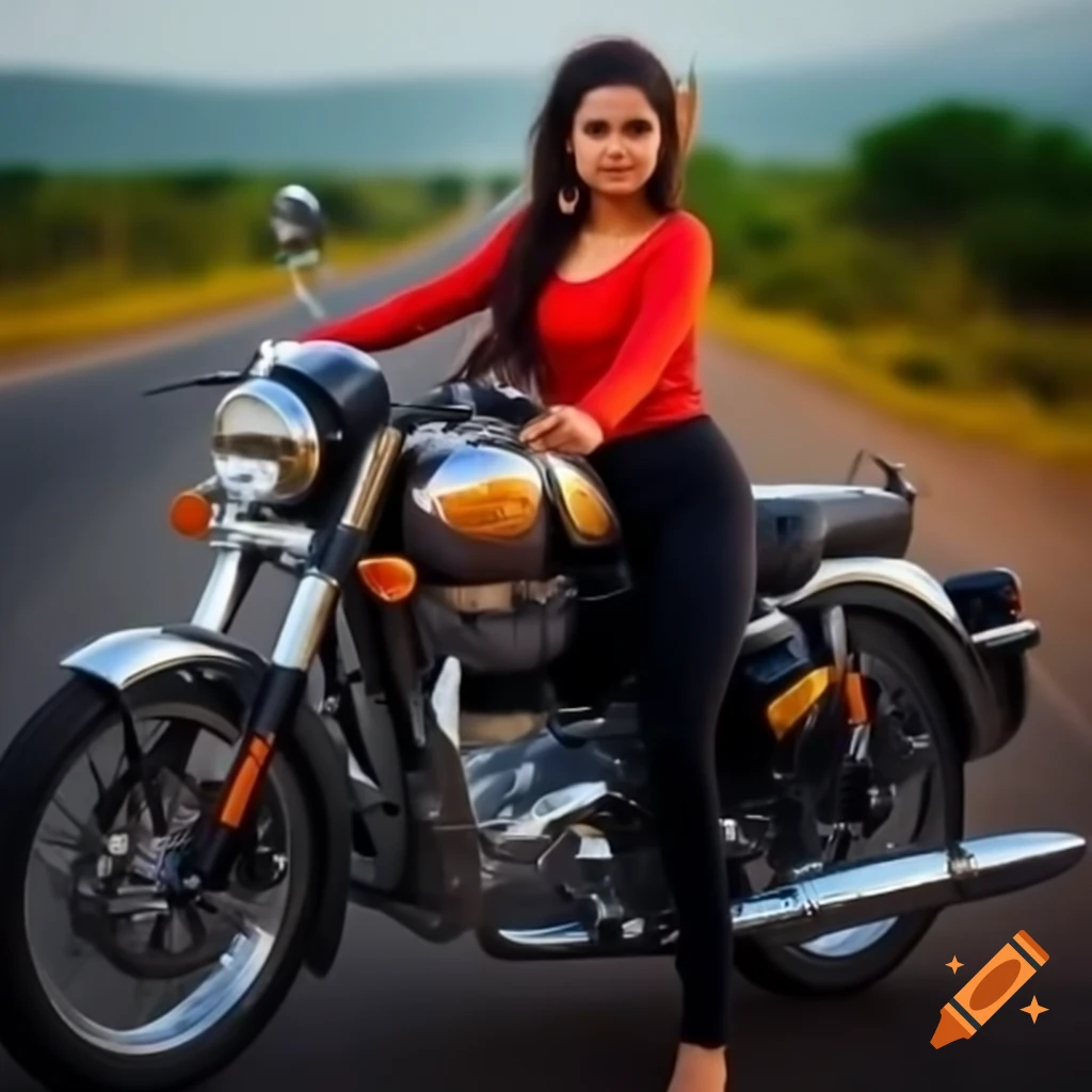 Confident Indian girl riding Royal Enfield motorcycle on open road with ...