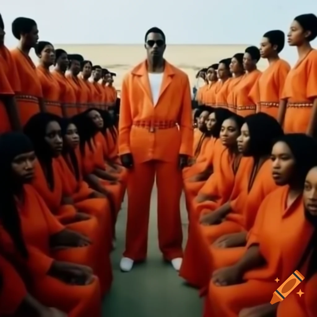 P Diddy in prison yard surrounded by women wearing orange on Craiyon