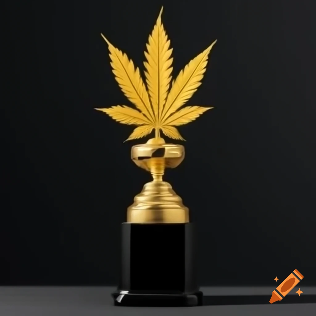 Golden hemp leaf trophy with black background on Craiyon
