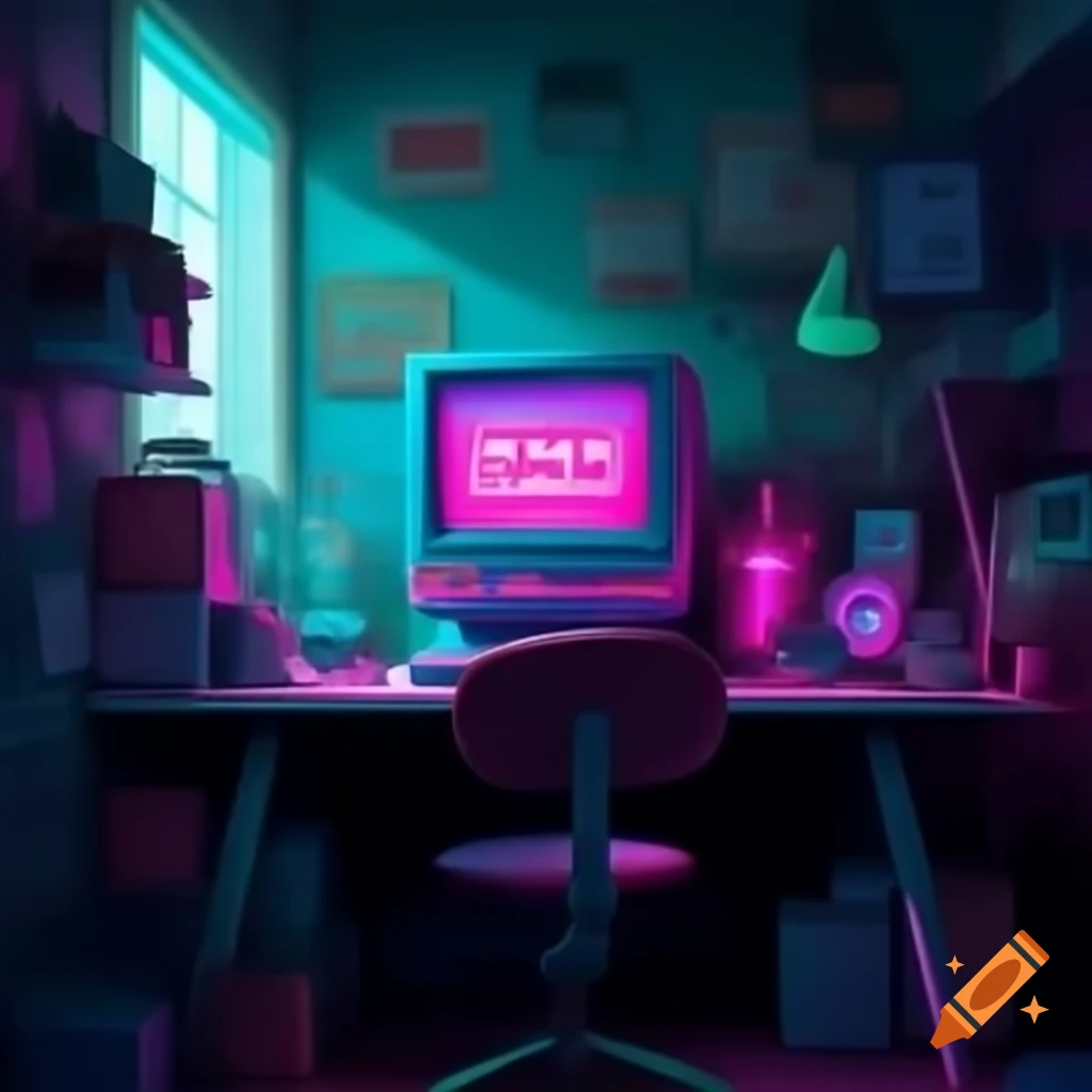 Vaporwave style desk background designed for old PC image on Craiyon