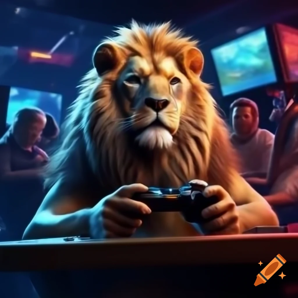 Lion engaged in playing video game on Craiyon