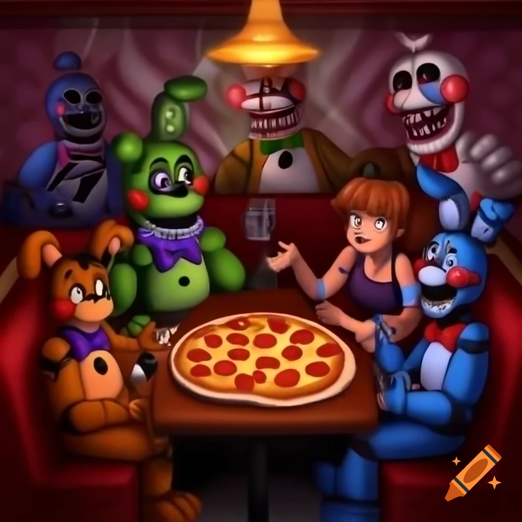 Lively pizza restaurant with quirky animatronic characters on Craiyon