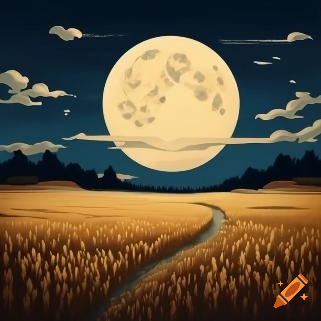 Full moon over wheat field, Ukiyo-e style on Craiyon