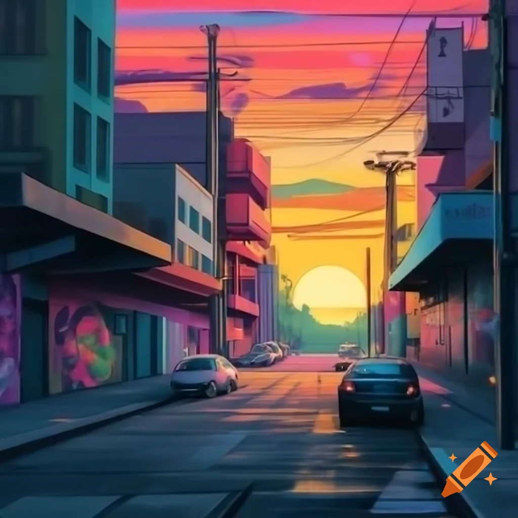 Colorful city ghetto with graffiti art under a rainbow sunset on Craiyon