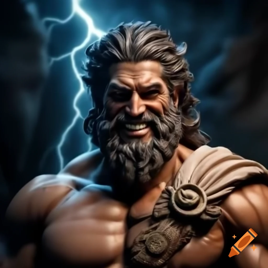 Realistic depiction of Zeus smiling with lightning bolt on Craiyon