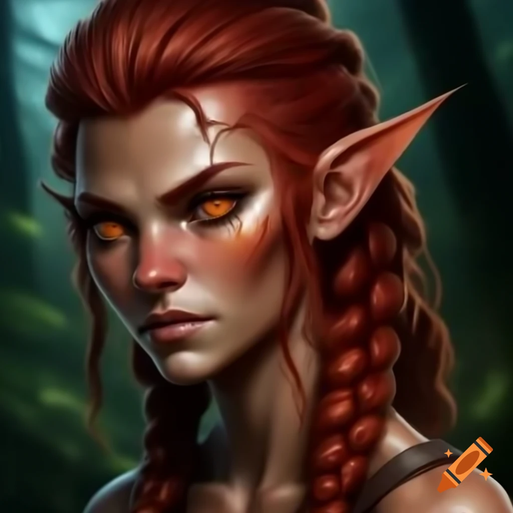 Muscular female barbarian gnome with red hair and orange eyes in forest ...