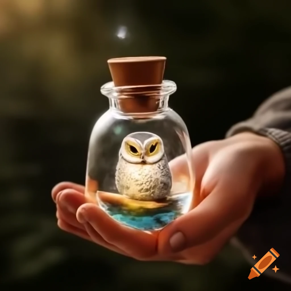 Enchanted owl-shaped glass vial potion with a mystical charm on Craiyon