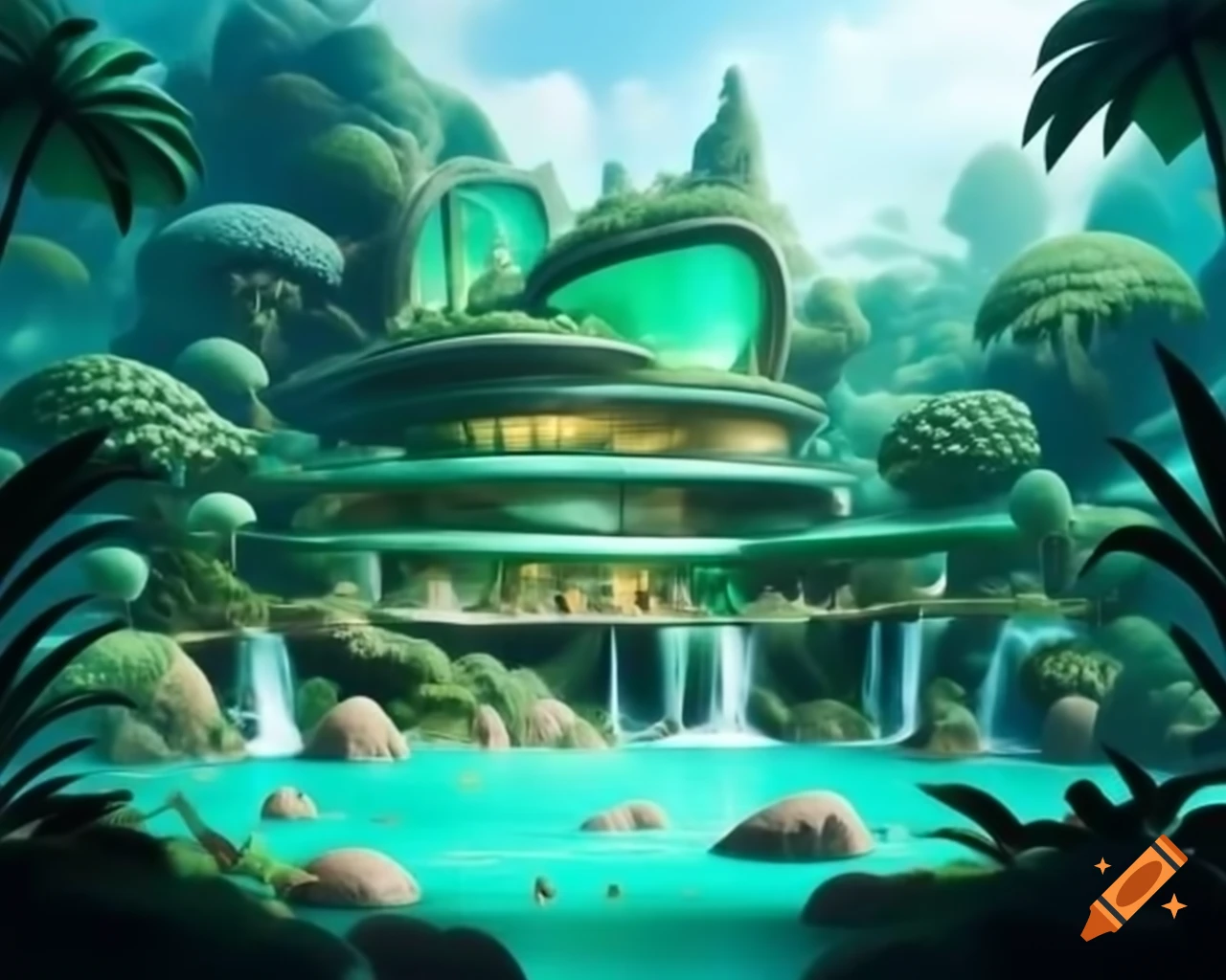 Solarpunk mansion in emerald glass, surrounded by jungle and turquoise ...