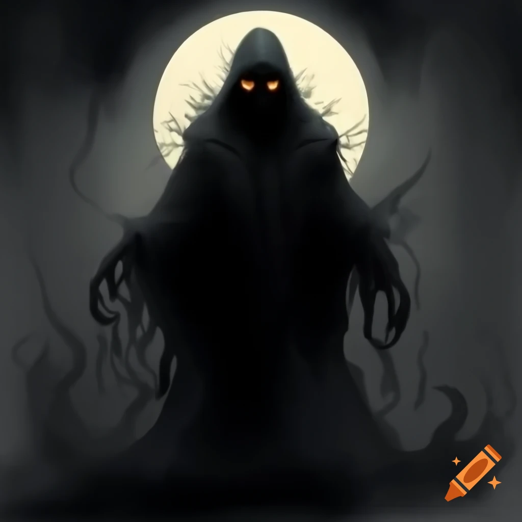 Malevolent shadow entity with glowing orange eyes illuminated by moonlight on Craiyon