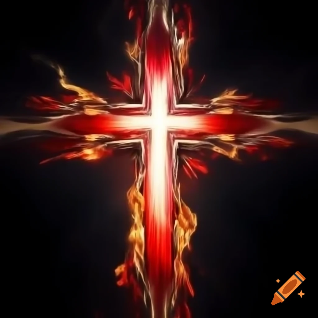 Church logo featuring cross with fire, red, white, and gold colors for ...