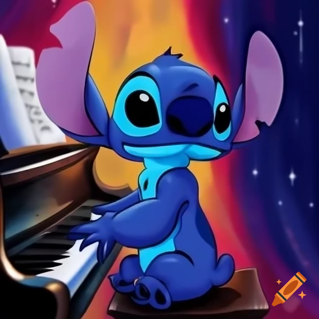 Disney character Stitch playing piano on Craiyon
