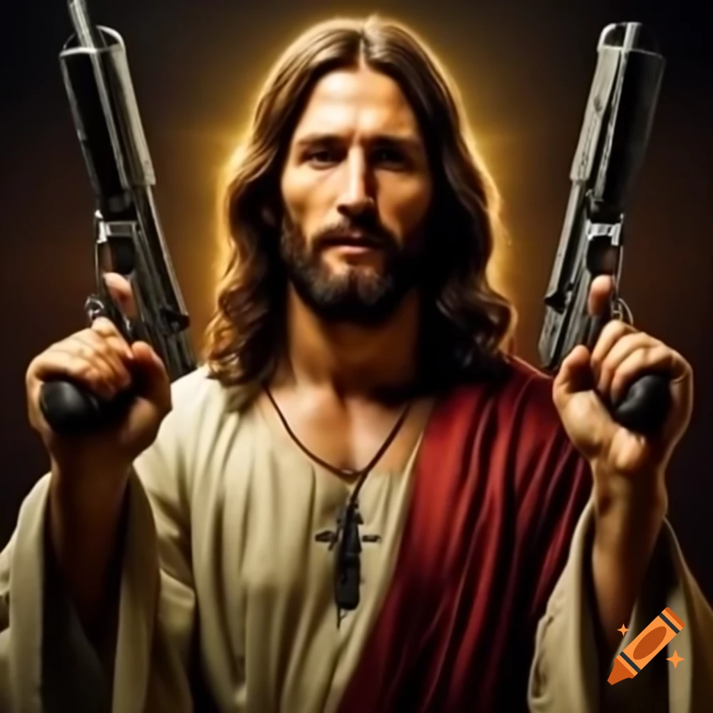 Jesus Christ holding guns, provocative imagery on Craiyon