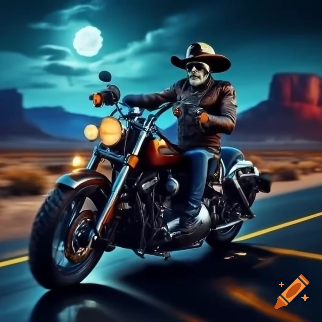 Skeleton in leather jacket riding Harley Davidson motorcycle on desert ...