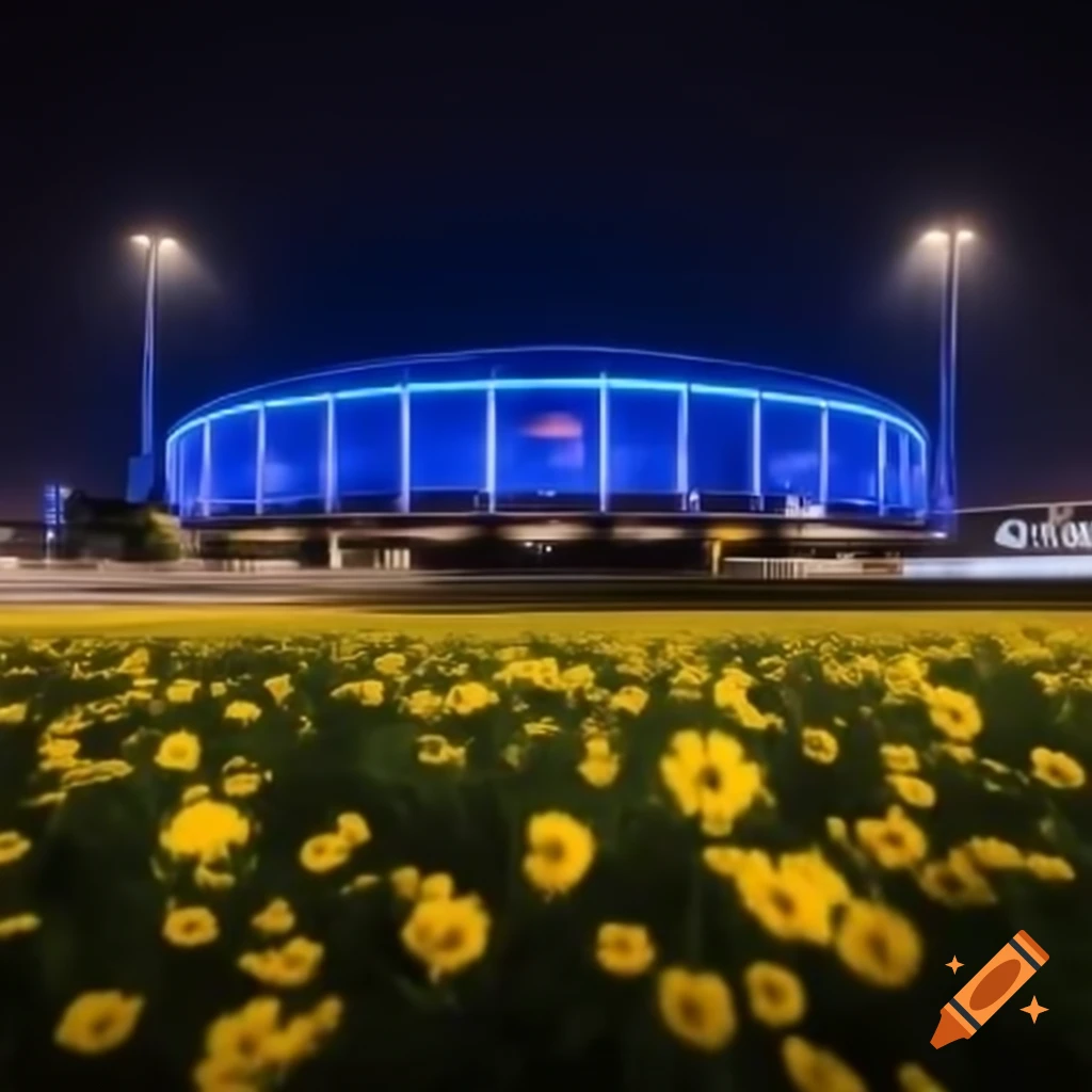 Night field of yellow flowers illuminated by stadium lights near ...
