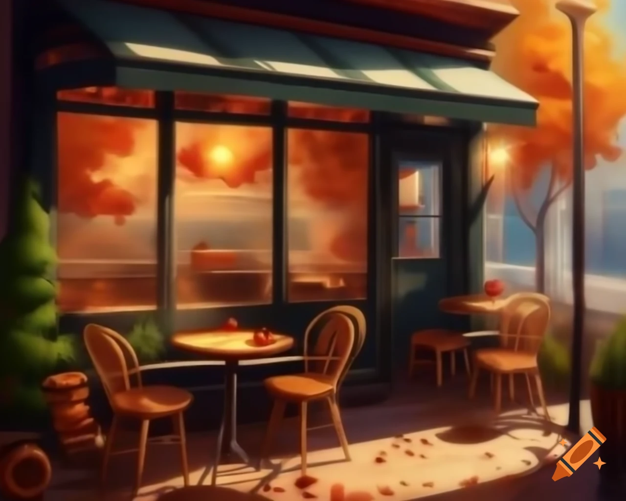 Cozy café setting with fall leaves, autumn atmosphere on Craiyon