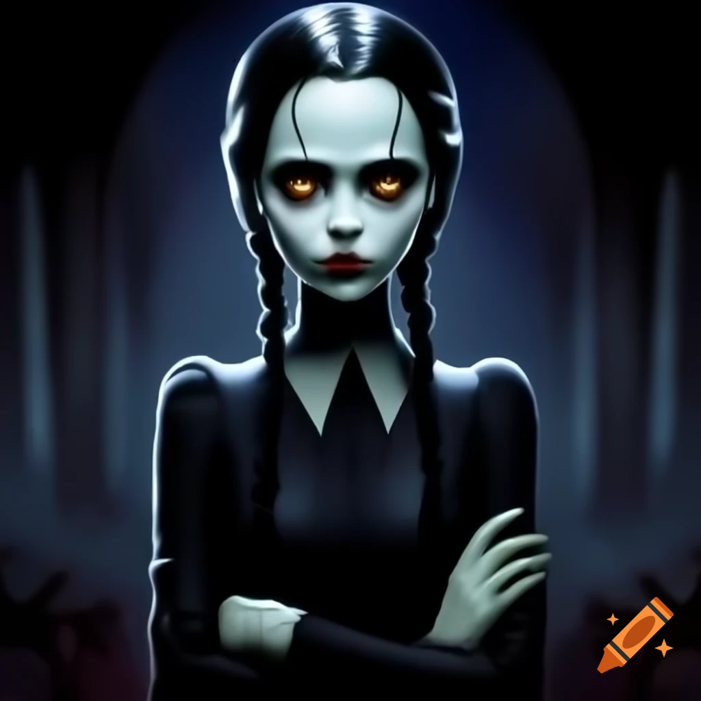 Wednesday Addams with pale skin and brown eyes, goth style with crossed ...