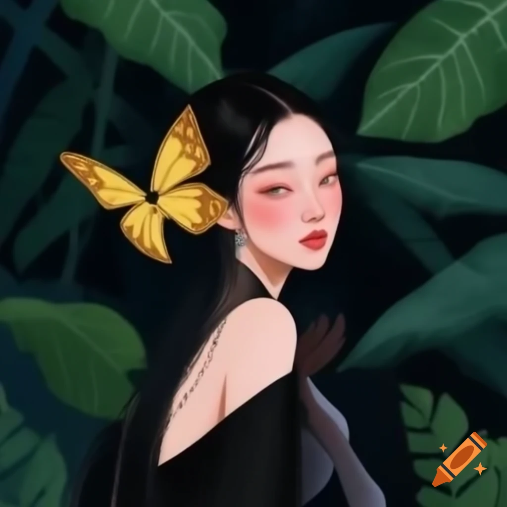 Jennie Kim in black butterfly dress with golden art standing in dark ...