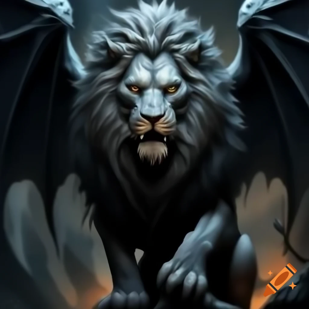 Demonic lion with black wings in dark medieval fantasy setting on Craiyon