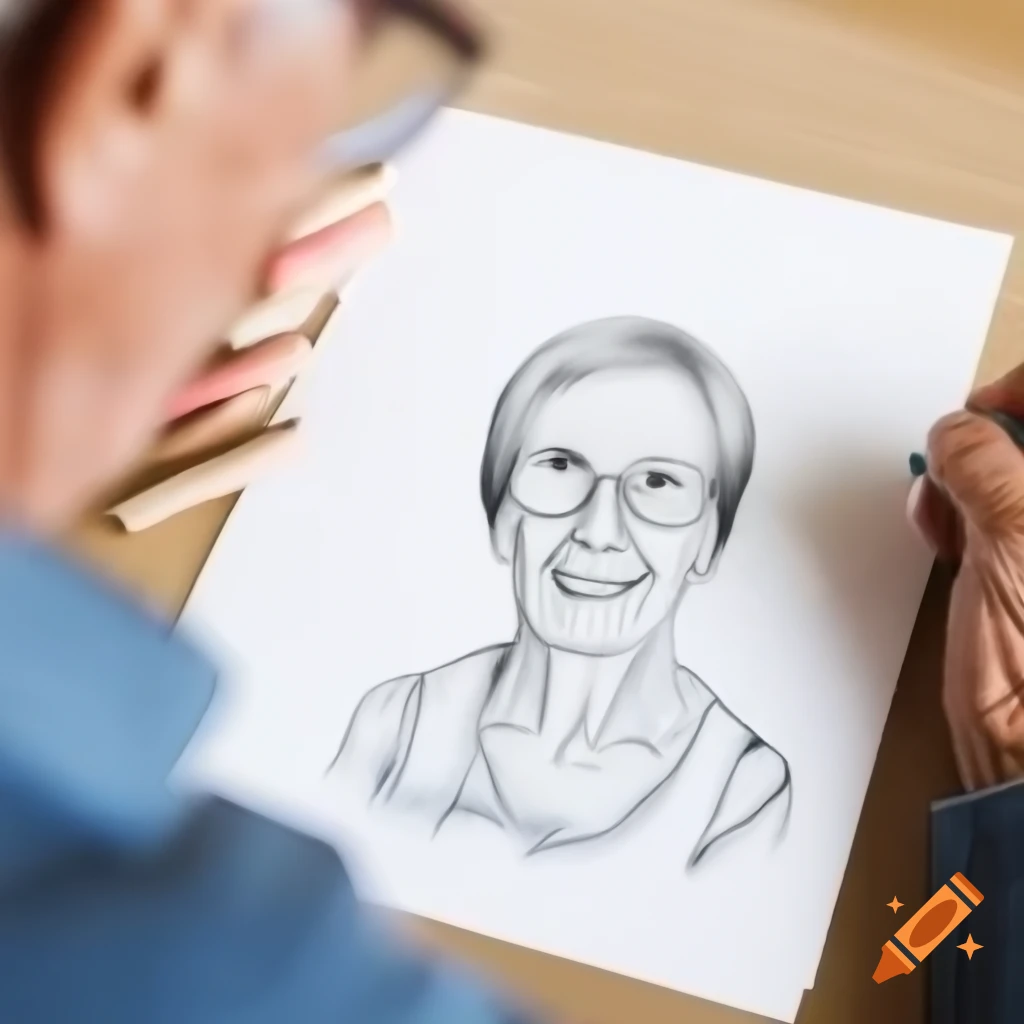 Senior individual drawing a portrait on paper as part of rehabilitation ...