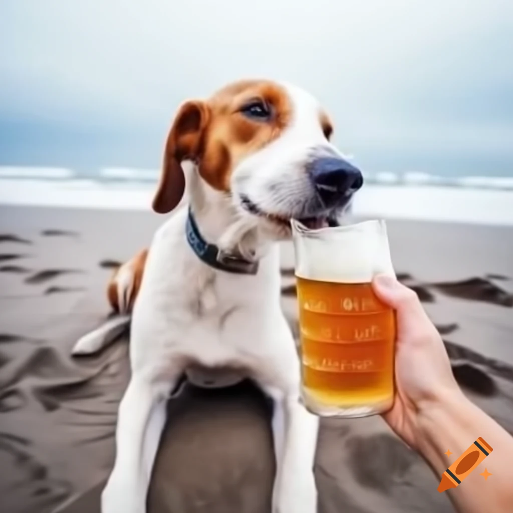 Dog enjoying a beer at the beach on Craiyon
