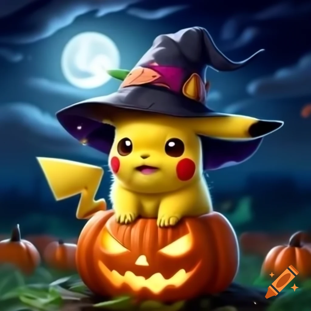 Cute Pikachu in witch hat sitting in pumpkin patch under full moon on ...