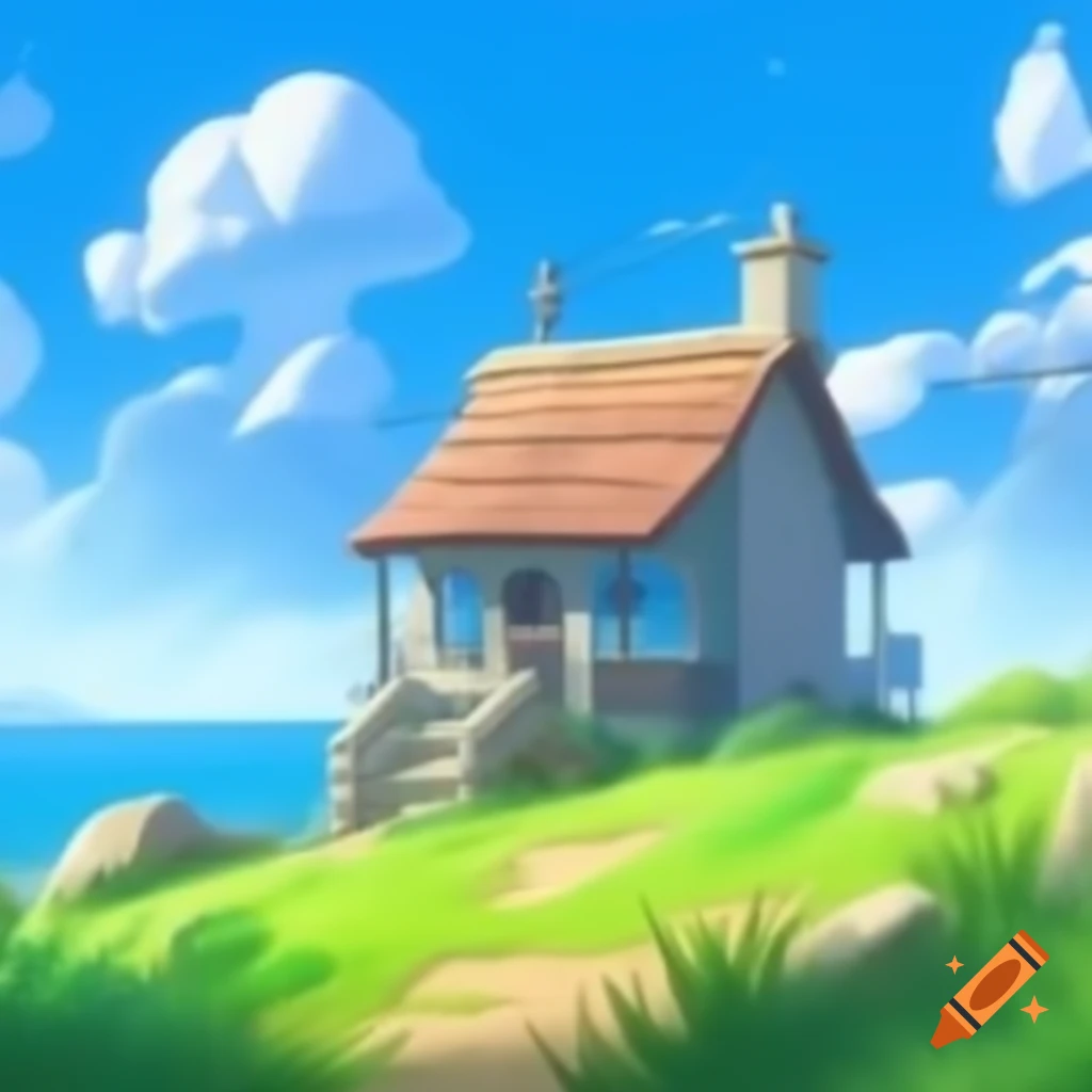 Cute cottage on hill by seaside in Studio Ghibli animation style on Craiyon