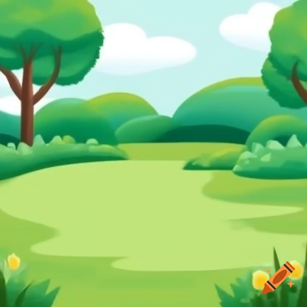 Cartoon style park scene with grass and flowers on Craiyon