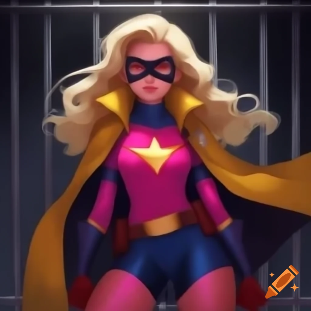 Stylish youthful female superhero in bright armor and pink mask ready ...