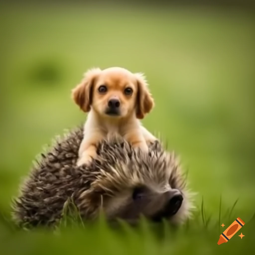 Dog interacting with a hedgehog on Craiyon