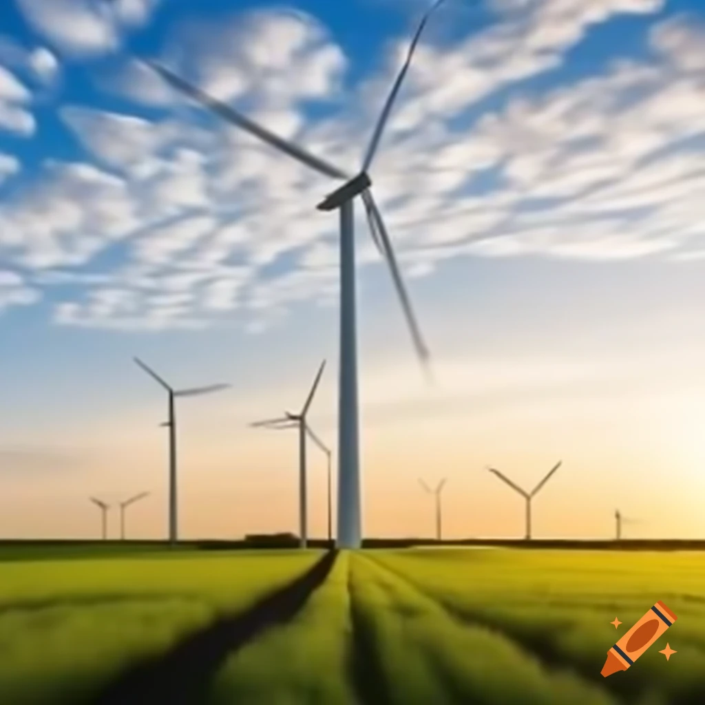 Wind energy farm with multiple turbines in a field on Craiyon
