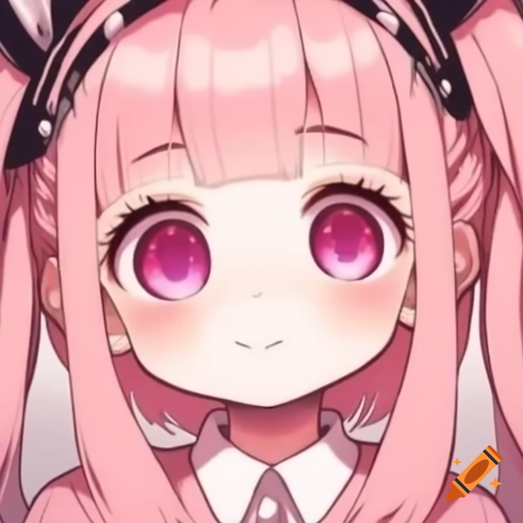 Cute manga girl with pink hair and big black eyes on Craiyon