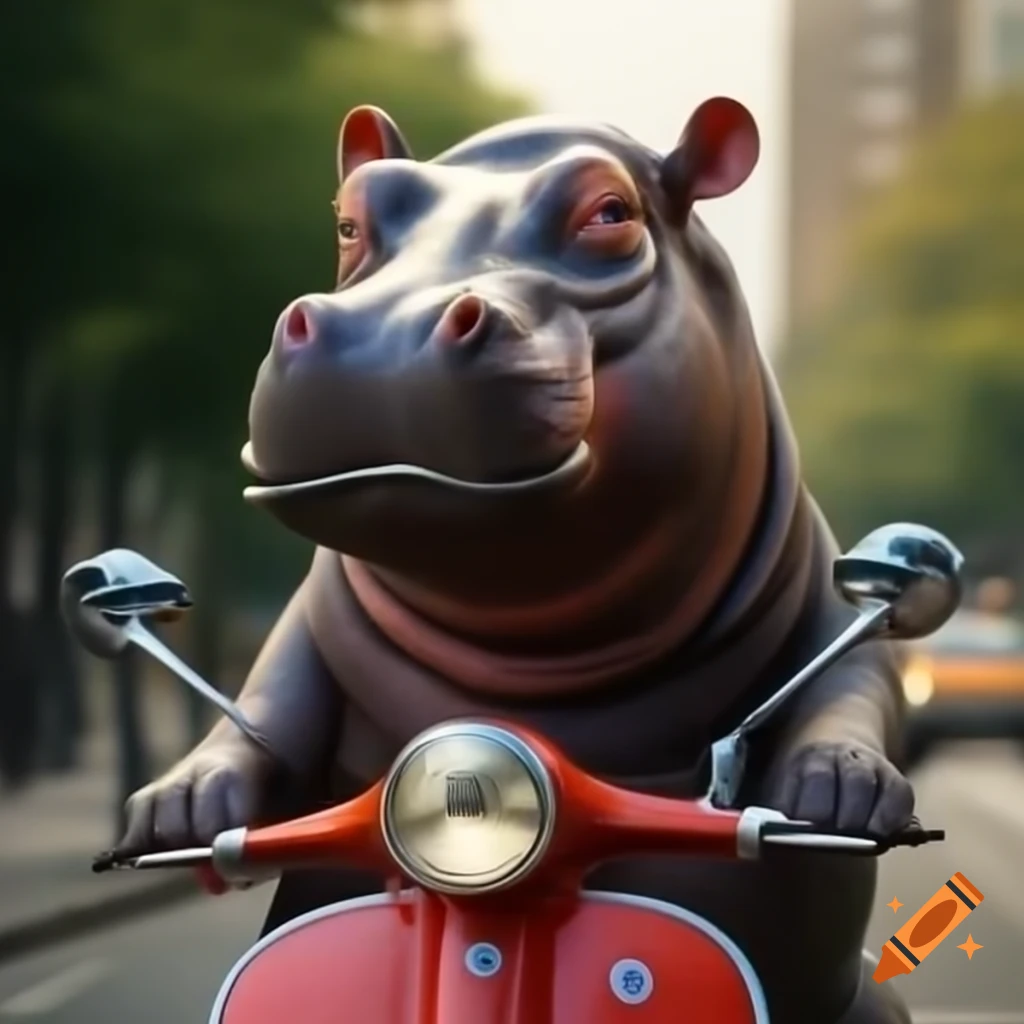 Hippo riding a Vespa, playful illustration on Craiyon