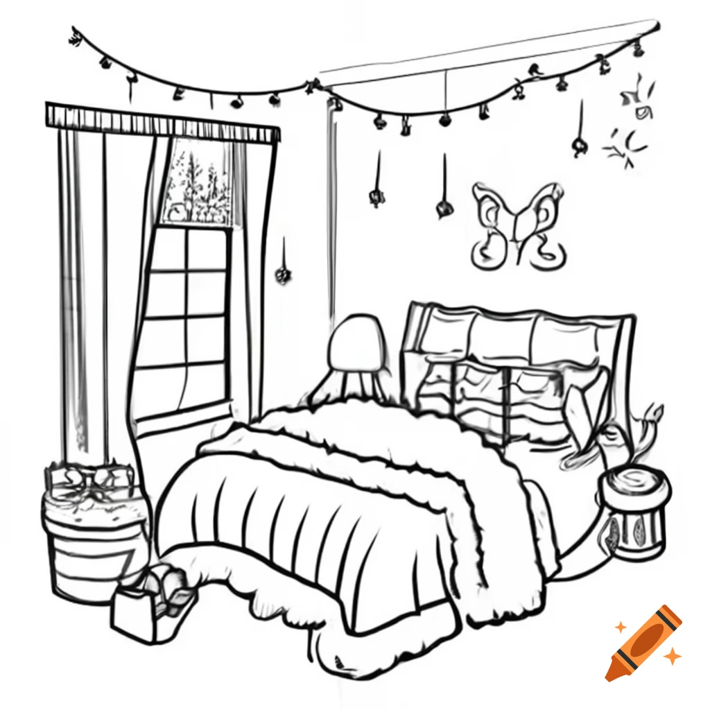 Cozy monochrome bedroom with bed, pillows, fairy lights, and potted ...