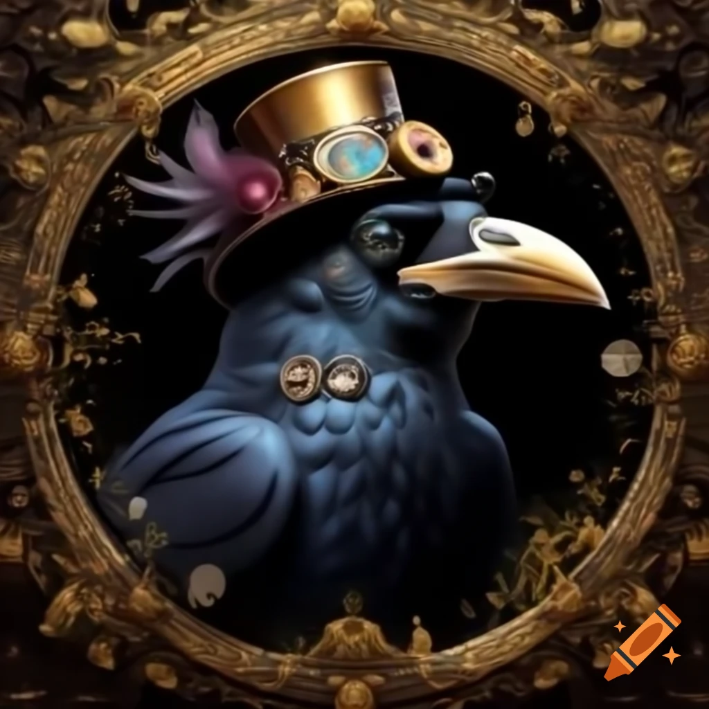 Victorian clockwork crow with top hat and goggles amidst floral ...