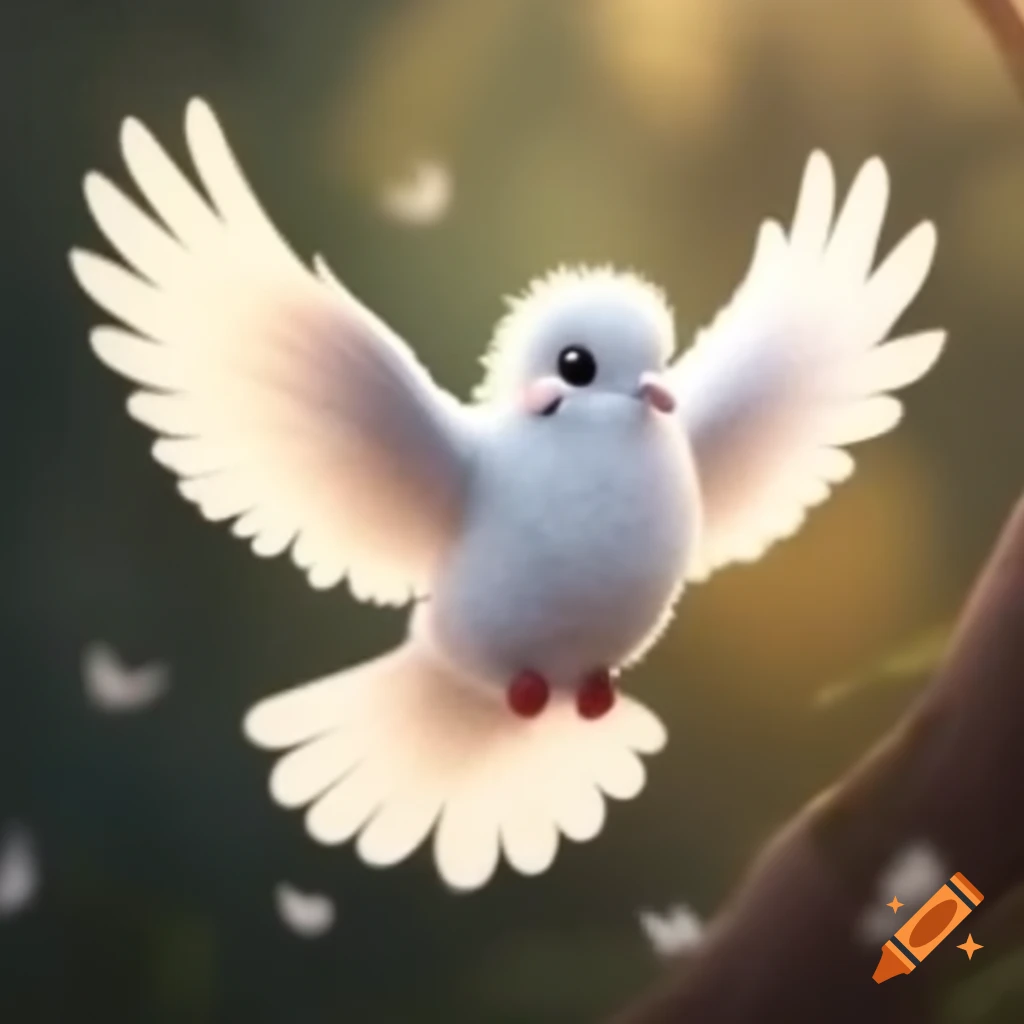Fluffy cute white dove flying on Craiyon