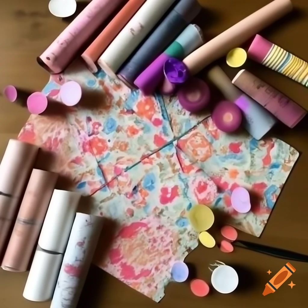 Colorful workbench scattered with fabrics, patterned paper, and ...