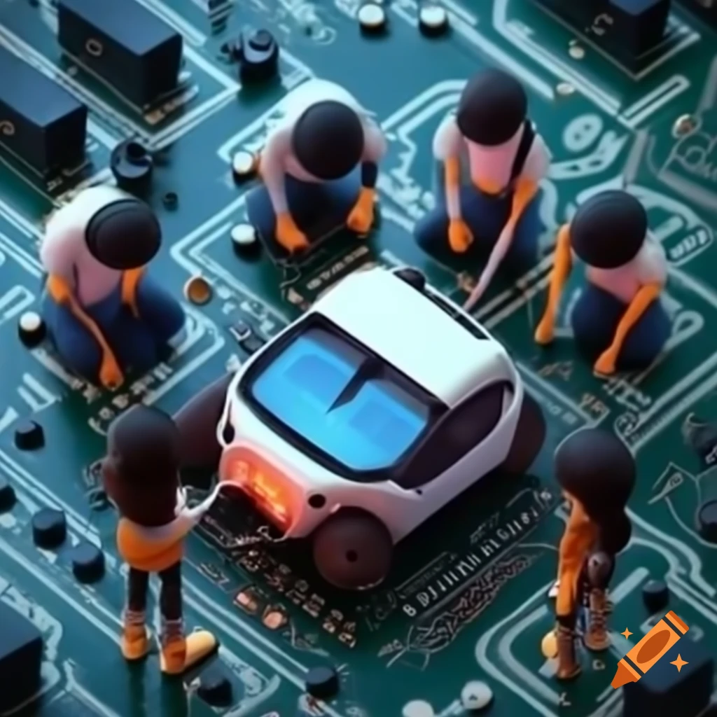 Students programming ai for car-shaped robot on circuit on Craiyon