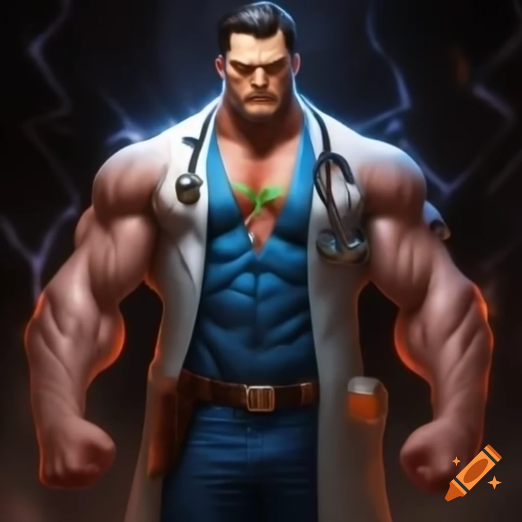 Muscular superhero dressed as a doctor with healing powers on Craiyon