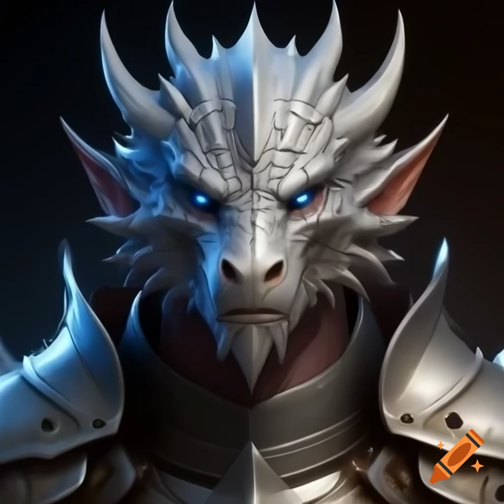 Silver Dragonborn with blue eyes in plate armor on Craiyon