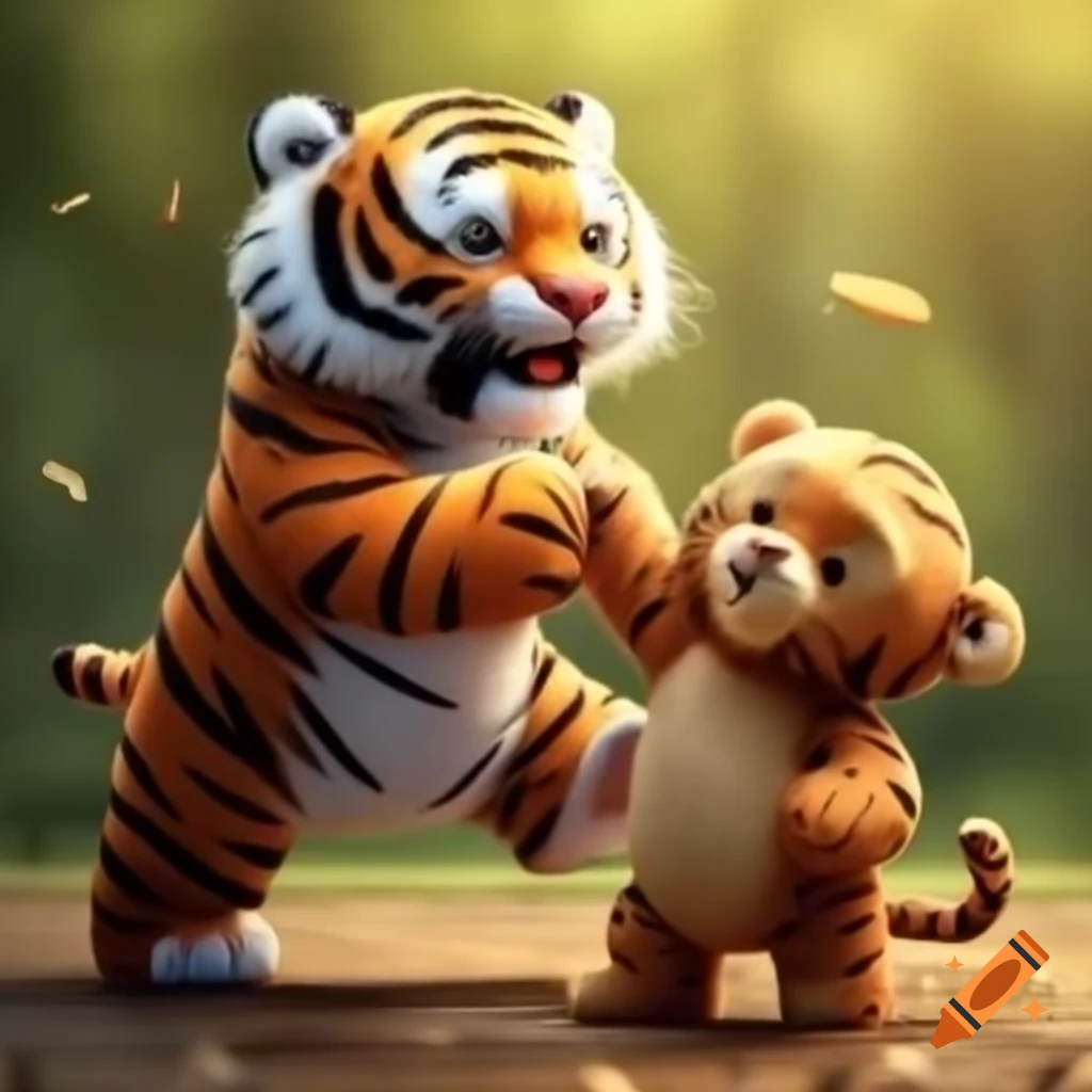 Tiger and teddy bear playfully interacting on Craiyon