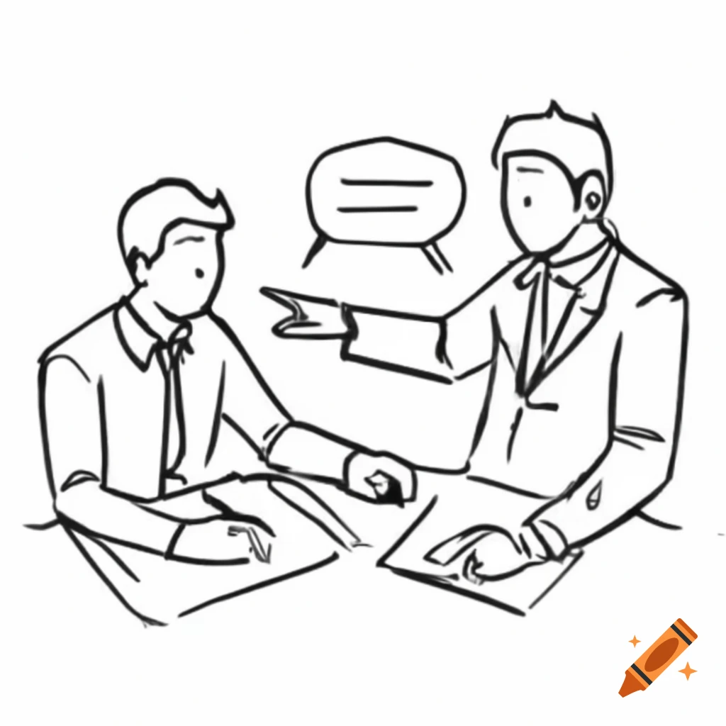 Two employees discussing at a desk, one taking notes on Craiyon