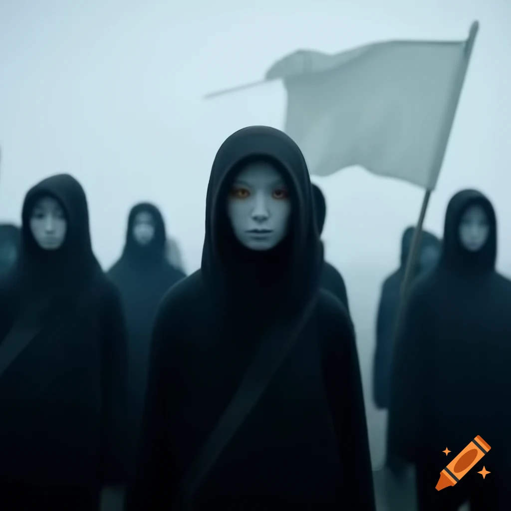 Dystopian faceless mob carrying large white flag on Craiyon