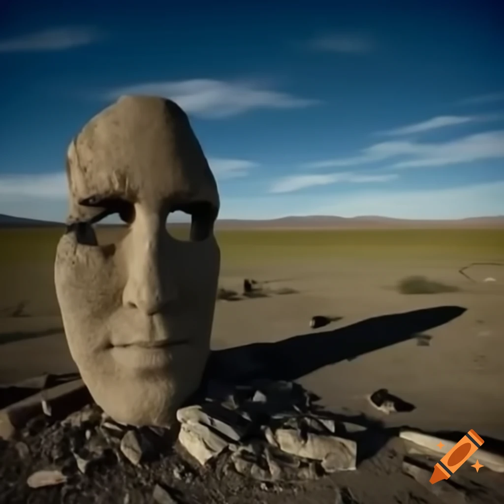 Stone half-destroyed face in green plains on Craiyon