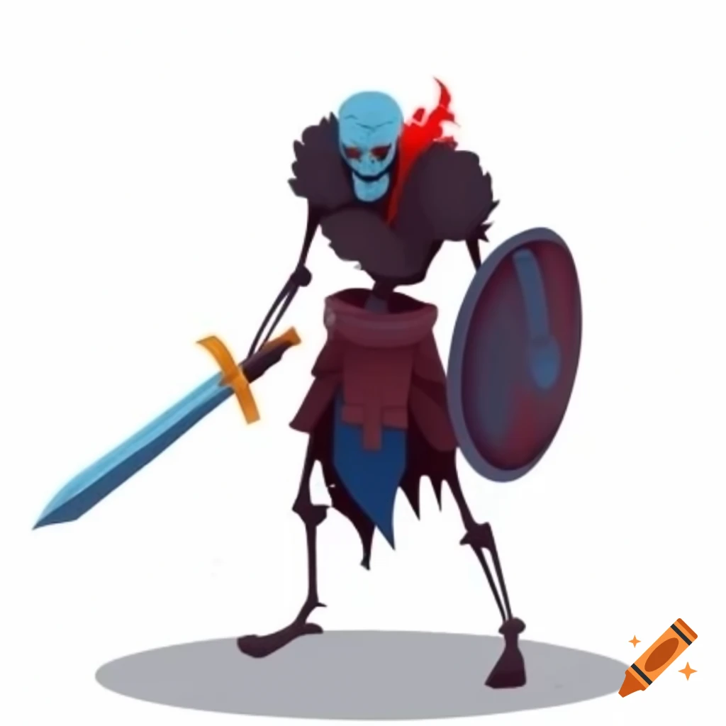 Skeletal warrior in warrior pose with sword and shield, red eyes, flat ...
